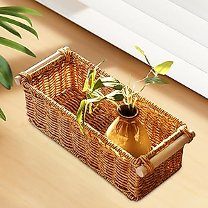 Generic Imitation Rattan Storage Basket,Rattan Bathroom Vanity Trays, Long Narrow Woven Baskets Multipurpose for Bedroom Bar Kitchen, M, Optional