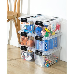 EOENVIVS Plastic Storage Bins 7 Quart-Storage Organizer Bins with Black Buckle Lids, Stackable Storage Bins with Lids for Home Office Kids Room Closet School Art Supplies Organization,6 Packs, Clear