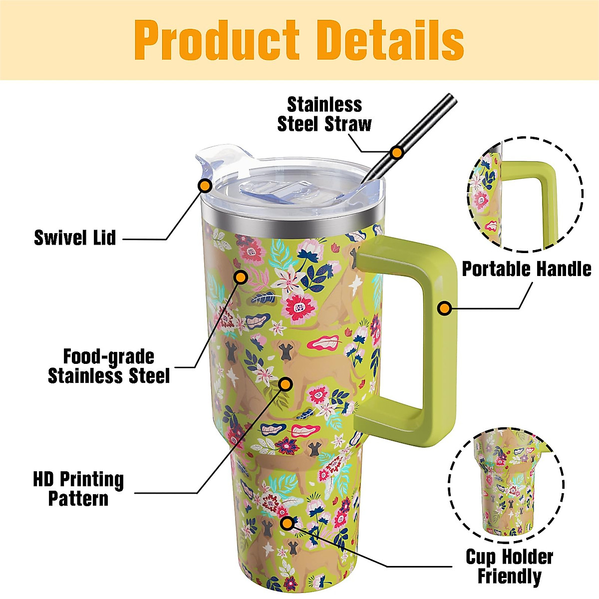 owbgsdh Boxer Dog Gifts for Women Dog Lovers 40 oz Floral Boxer Lover Tumblers with Handle and Straw, Stainless Steel Vacuum Insulated Travel Coffee Mug Cup Water Bottle