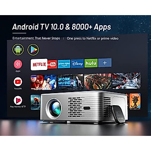 4K Support Android TV 10.0 Projector 5G WiFi Bluetooth Native 1080P, CIBEST Full-Sealed Optical Engine Home Movie FHD Projector with Netflix/Prime Video Built-in, 8000+ Apps, Autofocus, Stereo Sound