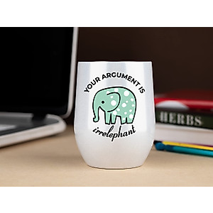 KLUBI Elephant Gifts Your Argument is Irrelephant - White Glitter Tumbler/Mug for Wine, Coffee and All Drinks - Funny Gifts for Her, Him, Lovers, Women, Stuff, Decor