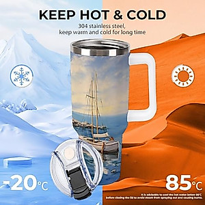 40 Oz Romantic Entitled Seaport Insulated Stainless Steel Tumbler with Handle & Straw Lid, Reusable Travel Cupholder Friendly Mug for Coffee, Water, Tea