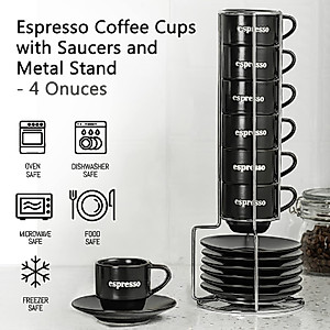 LYEOBOH Espresso Cups with Saucer Set, Porcelain Coffee Mugs Set and Metal Stand, 4 OZ Stackable Demitasse Cup for Latte, Cafe Mocha, Tea Cups, Set of 6, Silver