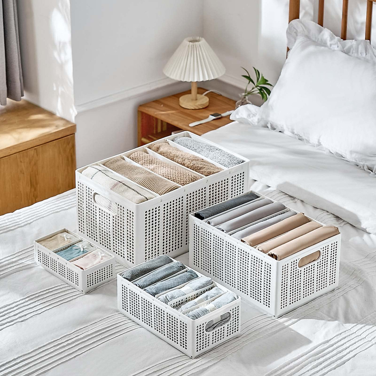 UNZIPE 2 Pack Plastic Closet Storage Bins with Handle, Portable Collapsible Clothes Organizer Containers for Closet Shelves on Bathroom Bedroom Pantry Organization, Medium 2 Pack