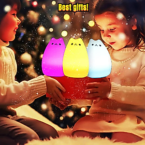 Dastling UMIRNI Cute Cat Night Light, Rechargeable Silicone LED Baby Nursery Nightlight, Color Changing Animal Lamp, Tap Sensor Control
