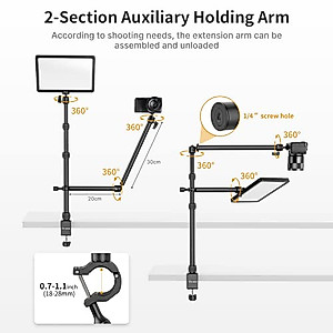 PICTRON VIJIM LS11 Camera Mount Desk Stand with Auxiliary Holding Arm, Flexible Overhead Camera Mount, Webcam Table C-Clamp Multi Mount for Photography Videography Live Stream