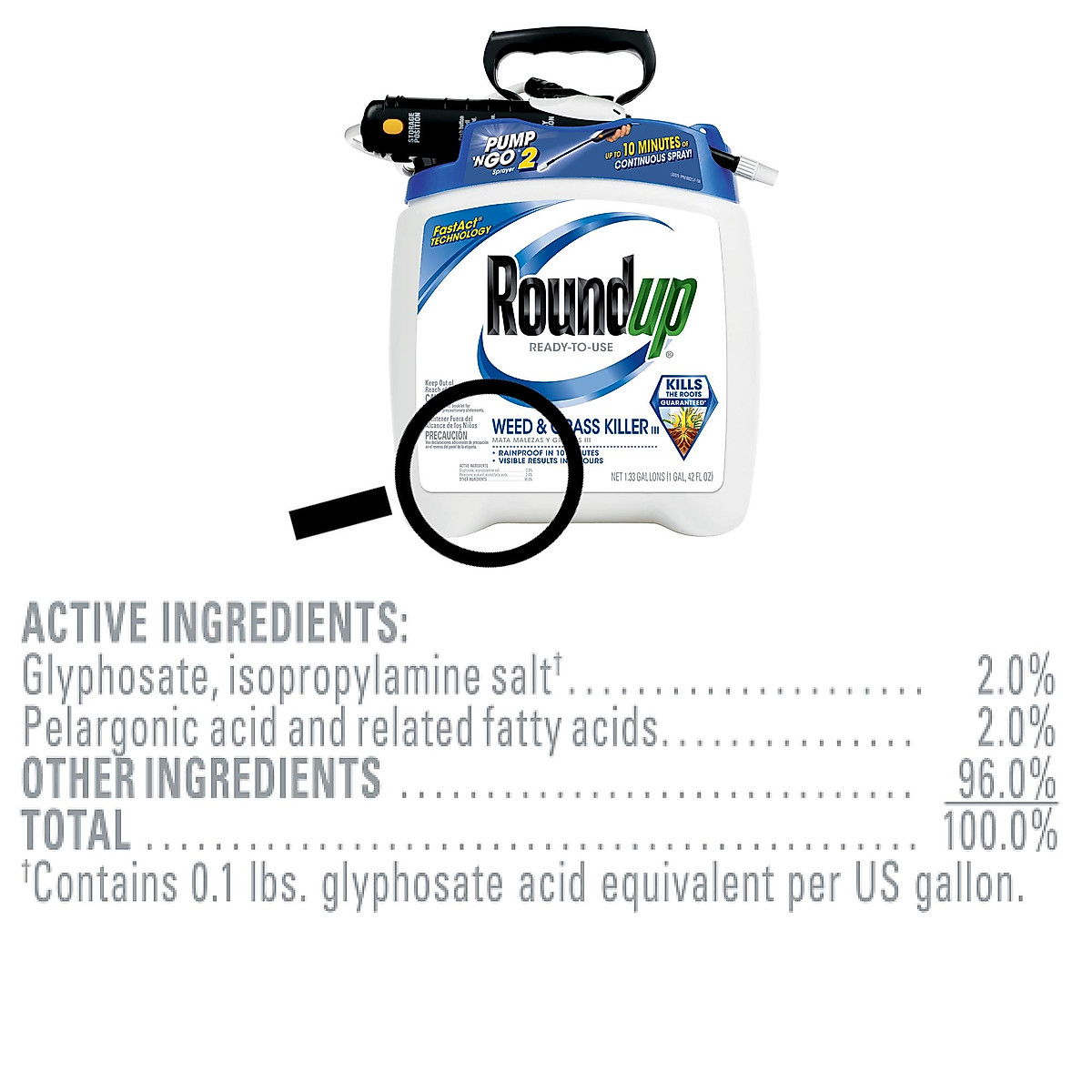 Roundup Ready-To-Use Weed & Grass Killer III -- with Pump 'N Go 2 Sprayer, Use in & Around Vegetable Gardens, Tree Rings, Flower Beds, Patios & More, Kills to the Root, 1.33 gal.