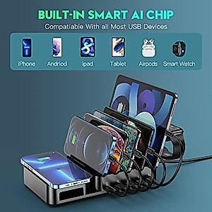 Wireless Charging Station for Multiple Devices, 75W 5 Ports USB Charging Station with PD USB-C & QC 3.0 Ports and Wireless Charging Pad,7 Short Charging Cables Included for iPhone iPad,Tablets