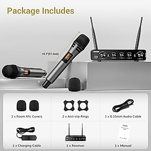 TONOR Wireless Microphone Systems, Dual UHF Cordless Karaoke Microphone Set, Handheld Dynamic Microfono for Singing with Receiver for Home Karaoke, Party, Church, DJ, Wedding, Speech 200ft TW350 Grey