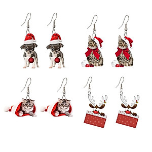 Cute Acrylic Christmas Animal Red Hat Dangle Earrings Cat Dog Reindeer Chihuahua Earrings Dangle For Women Charm Decoration Gifts-Cat A