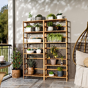 HITNET Bamboo Shelf, 6-Tier Adjustable Tall Open Bookcase, Bathroom Storage Rack Freestanding Shelving Unit, Plant Display Stand for Small Space, Natural