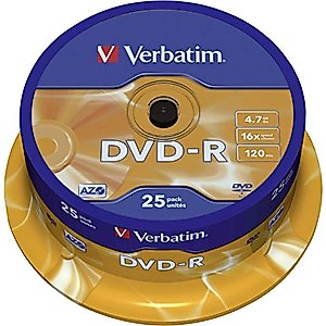 Verbatim DVD-R Discs 25 Spindle Pack, Bulk Pack 25 x DVD-R Blank Discs with AZO Protection Against UV, 16x Speed, 4.7 GB