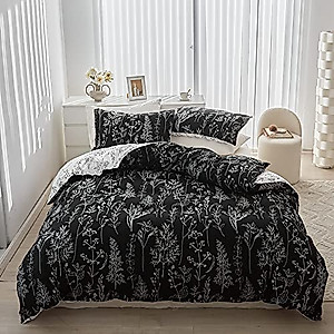 Floral Queen Duvet Cover, Microfiber 3 Pieces Floral Bedding Queen Set, 1 Duvet Cover +2 Pillowcases, Black and White Floral Duvet Cover Queen, with Zipper Closure, Durable, Easy Care (NO Comforter)