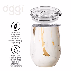Oggi Cheers 'Celebrate Collection' Stainless Steel Insulated Wine Tumbler - White Gold Marble, 12oz, with clear slider lid.