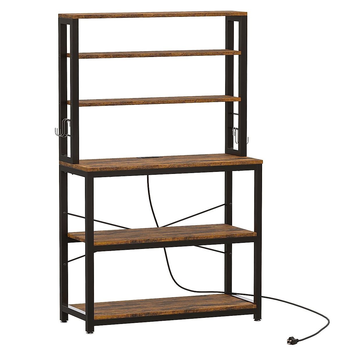 Rovaurx Standing Baker's Rack with Power Outlets, Microwave Oven Stand, Industrial Kitchen Cart Storage Shelf Organizer, Rustic Brown KTJZ001A
