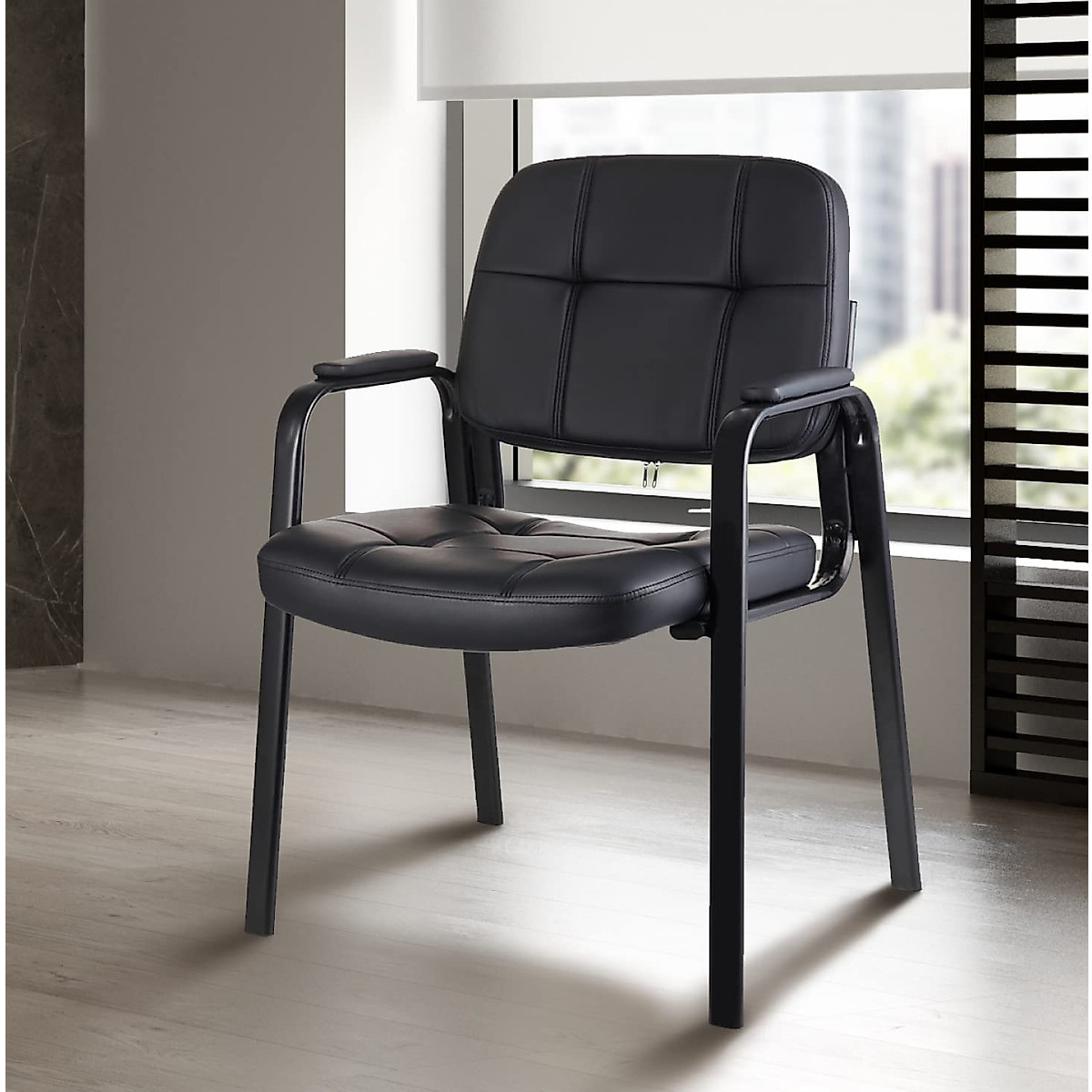CLATINA Waiting Room Guest Chair with Bonded Leather Padded Arm Rest for Office Reception and Conference Desk Black with Sled Base