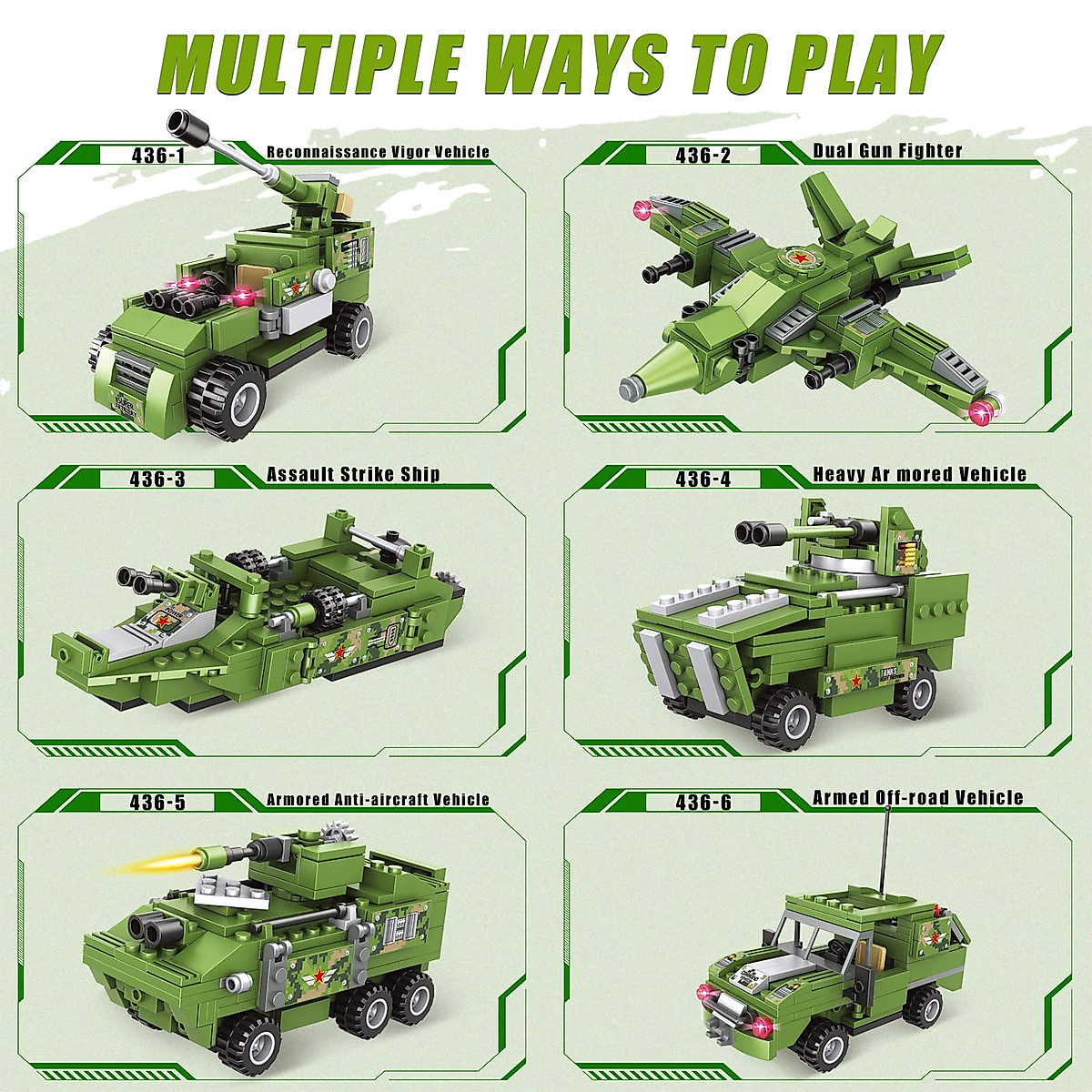 City War Military Tank Building Blocks Set, 6-in-1 Army Armored Force Construction Kit with Vehicles, Airplane, Boat, Creative Roleplay STEM Toy Gift for Kids, Boys Girls Ages 6+ (952 Pieces)