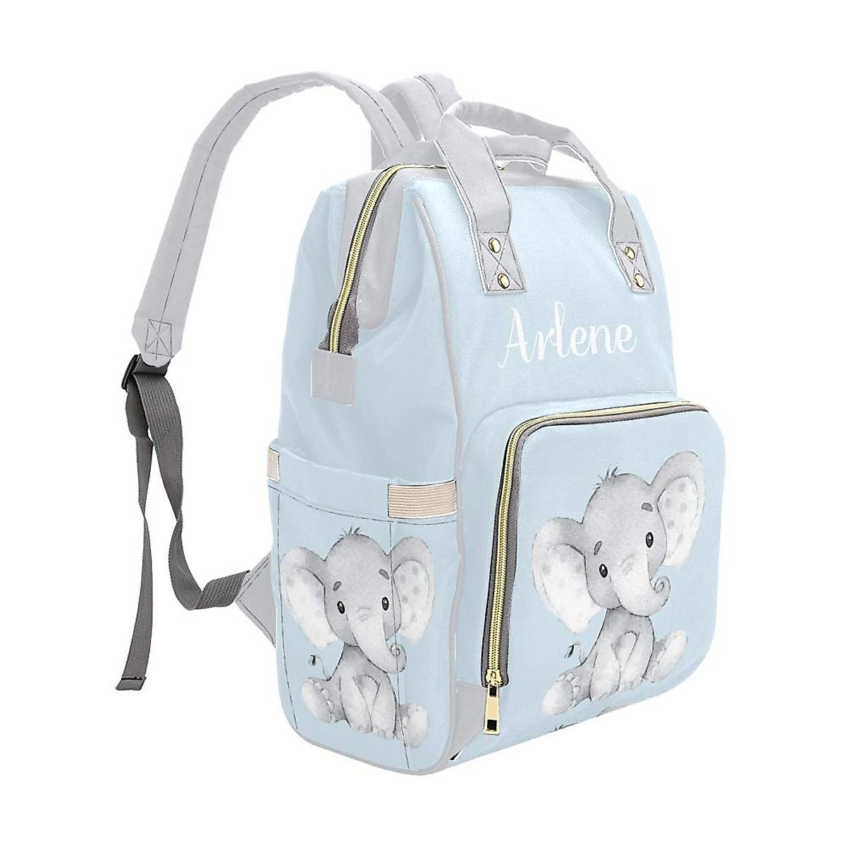 Yeshop Cute Little Elephant Blue Personalized Diaper Bag Backpack Tote with Name,Custom Travel Nappy Mommy Bag Backpack