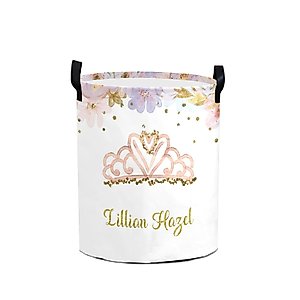 Personalized Laundry Baskets Bin,Princess Crown Floral Laundry Hamper with Handles,Waterproof Clothes Hamper, Laundry Bin, Clothes Storage Basket for Bedroom, Bathroom, College Dorm 50L