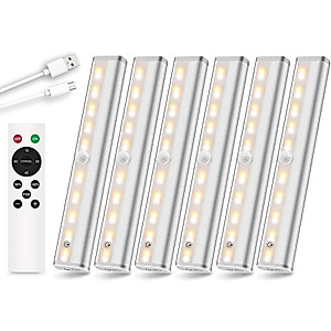 Anbock Under Cabinet Lighting Remote Control 6 Packs 20 LEDs Rechargeable Touch Lights with Timer Dimmer 3 Colors Wireless Install Easily, Perfect for Stairs Kitchen Kids Room Under Counter Closets