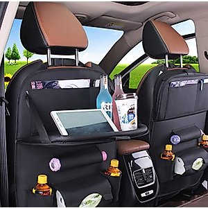 TYSKL Car Back Seat Organizers,PU Leather Car Back Seat Organizer,Back Seat Organizer with Tray and Storage Leather for Kids Toy Bottle Drink Vehicles Travel Accessories (2 - pack, Black)