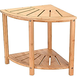 Bamodi Bamboo Corner Stool with Storage Shelf for Inside Shower - Wooden Bathroom Bench for Shaving Legs - Storage Organizer for Small Spaces - Decorative Wood Chair for Indoor and Outdoor Use