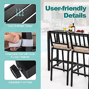 COSTWAY 3 Piece Outdoor Patio Bar Set, 48" Rectangular Pub Height High Top Bar Table with 2 Cushioned Bar Stools, Metal Bar Table and Chairs Set for Balcony, Backyard, Porch