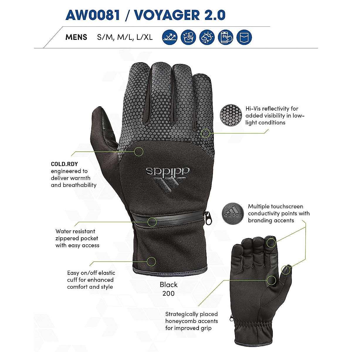 adidas Winter Performance Voyager 2.0 Gloves with Multiple Touchscreen Conductivity Points, Black, Medium/Large