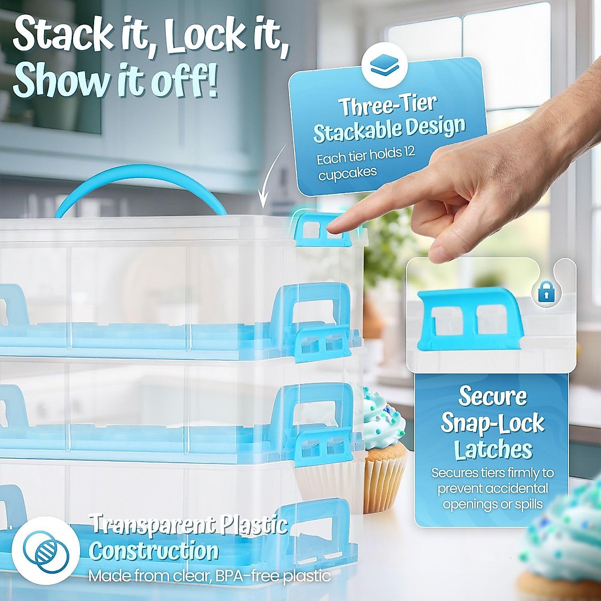 Flexzion 36 Cupcake Carrier 3 Tier Stackable Storage Container Collapsible Cake Carrier with Lid and Handle, Reusable Rectangular Plastic Dessert Travel Container, Display Holder Transport Box (Blue)