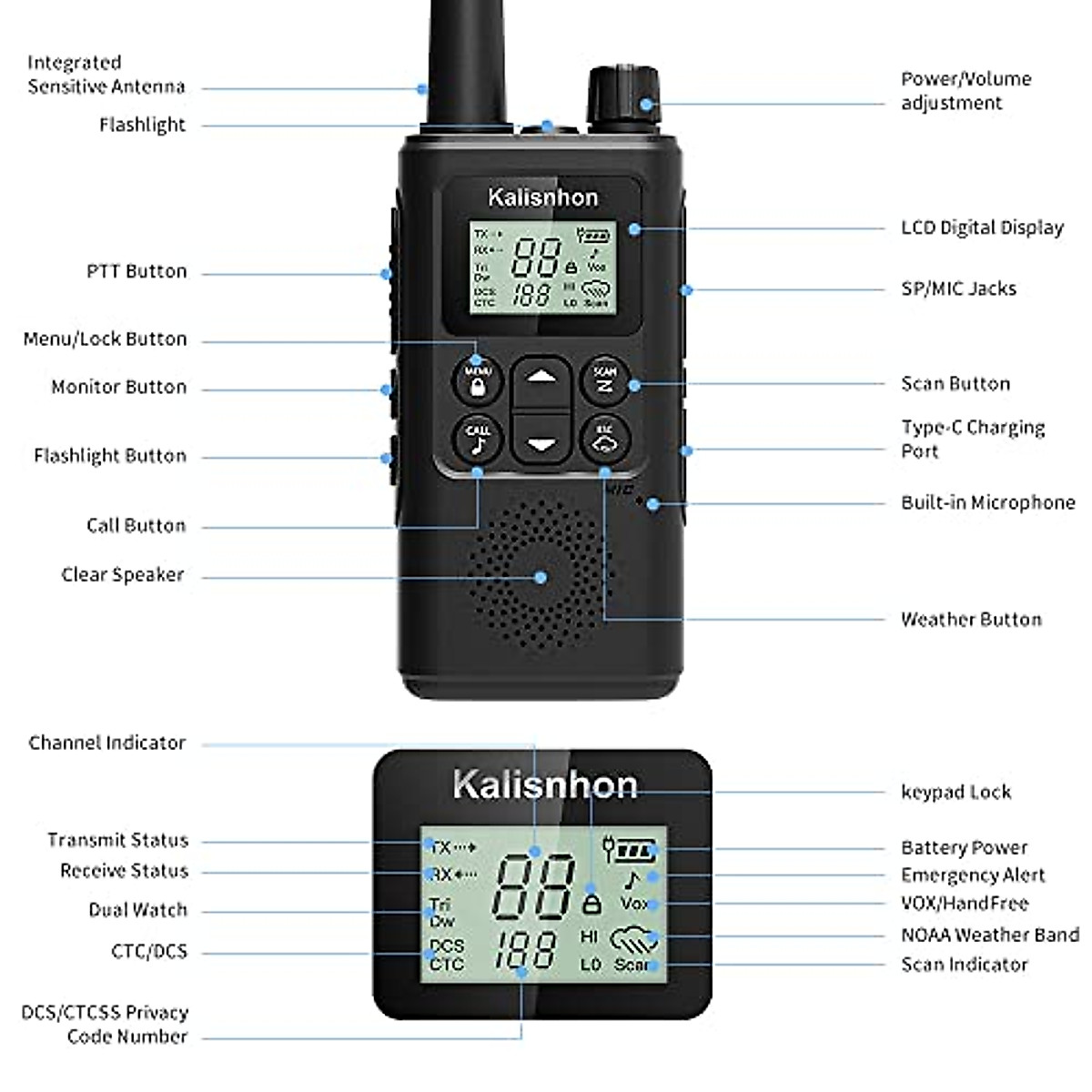 walkie talkies,NOAA walkie talkies for Adults Long Range with Earpiece,Weather Alerts Handfree walkie Talkie Rechargeable with Type-c Charging, Dual Watch,License Free Portable Two Way radios(2 Pack)