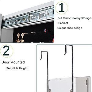 HOUAGI Mirror Jewelry Cabinet,Wall/Door Mounted Jewelry Armoire Organizer,42.5'' High Full Length Mirror with Jewelry Storage with Slide Rail, White-Slide Door