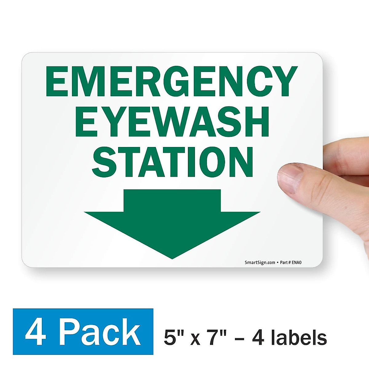 SmartSign (Pack of 4) 5 x7 inch “Emergency Eyewash Station” Sticker Labels with Down Arrow, 5 mil Laminated Polyester with SuperStick Adhesive, Green and White