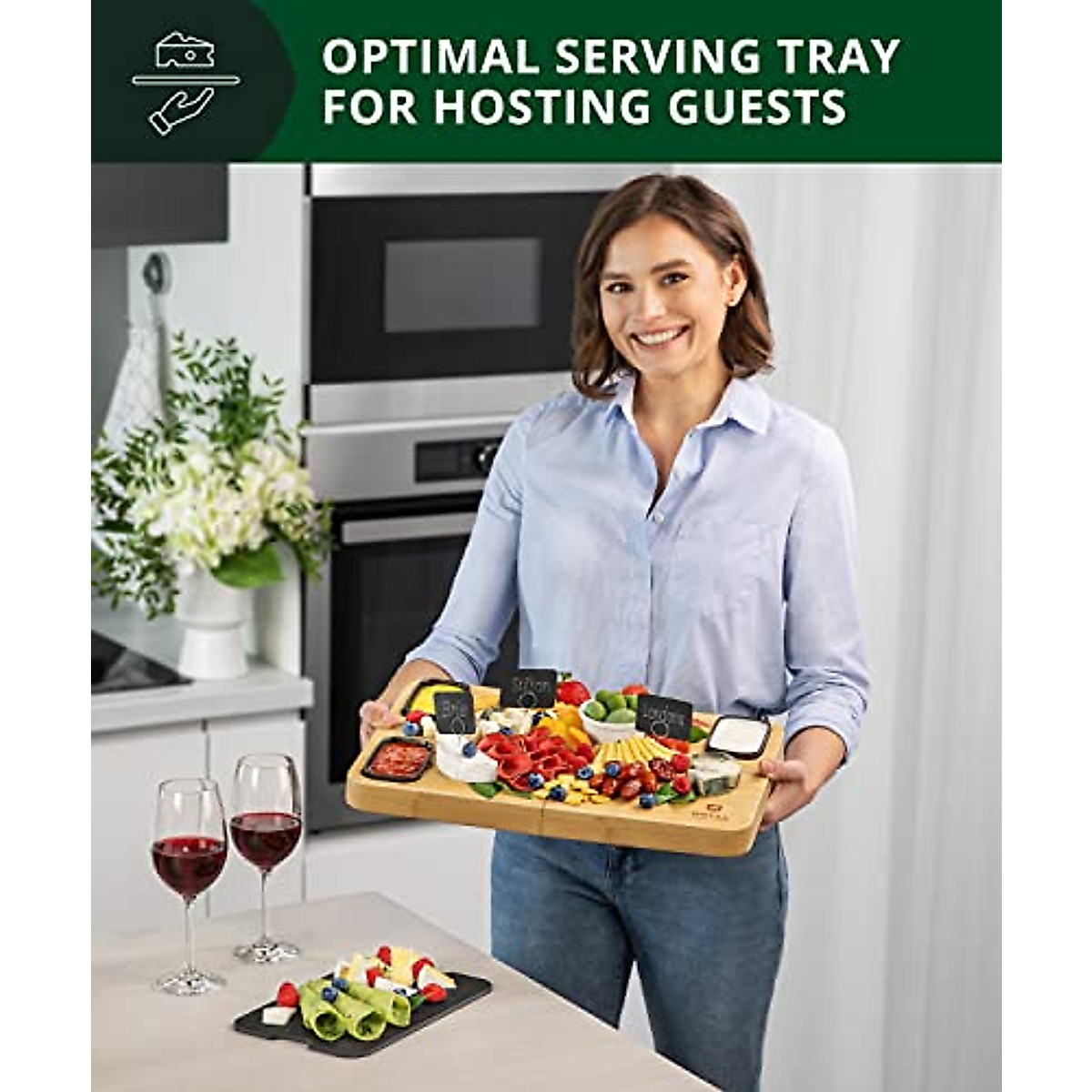 Extra Large Bamboo Charcuterie Boards - Large Charcuterie Board Set w/ 3 Sauce Bowls, 4 Knives & Slate Plate - Unique Cheese Board & Serving Tray with Charcuterie Accessories - Ideal Housewarming Gift