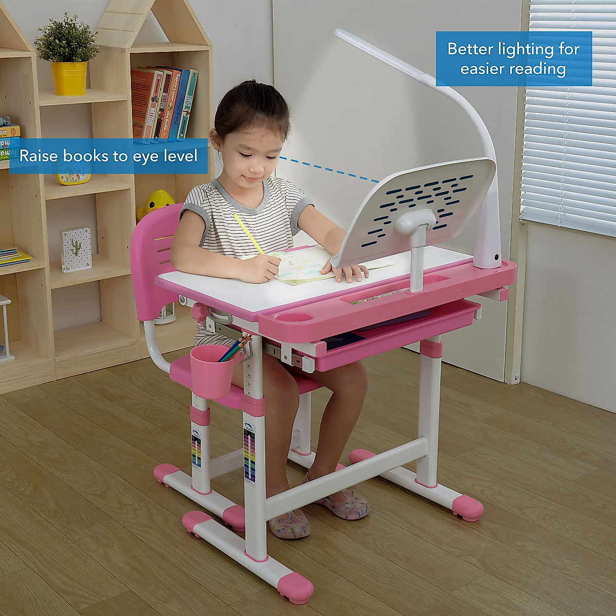 Mount-It! Accessory Kit for Height Adjustable-Kids-Desk | Includes LED-Lamp, Book Holder Shelf and Pencil Holder-Cup, Pink