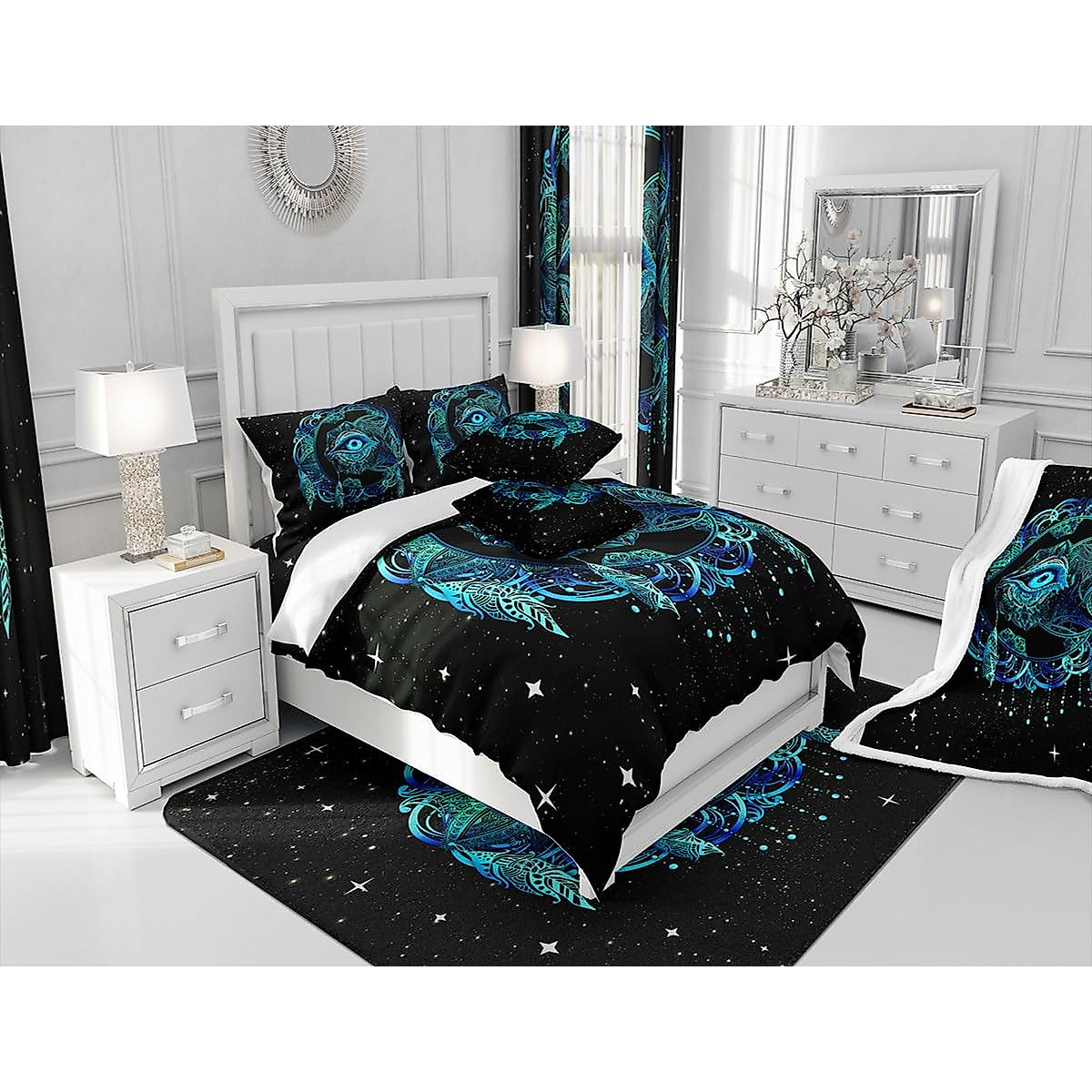 Starry Galaxy Nebula Universe Bed Sheet Set 3 Pieces,Bohemian Exotic Mysterious Eyes Microfiber Bedding Set with Flat,Dreamcatcher Fitted Sheet,2 Pillow Cases,Full Size