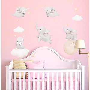 Runtoo Elephant Wall Decal Kids Animals Art Wall Stickers Baby Nursery Bedroom Space Wall Décor