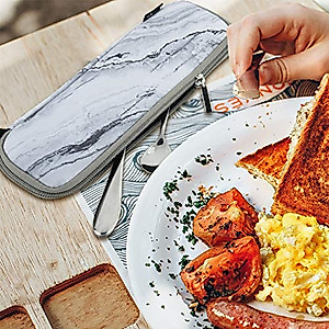 CM Reusable Portable Travel Tableware Carrying Bag Storage Case Cutlery Flatware Organziers for Straw Spoon Fork Chopsticks Utensil Holder (Marble White Pattern)