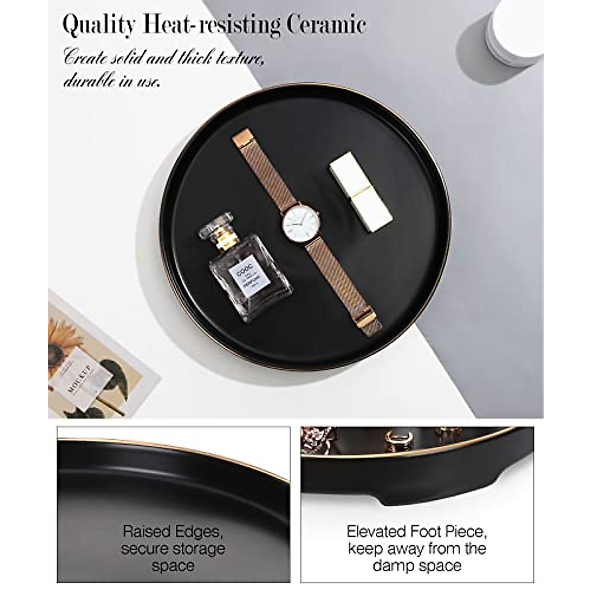 Shinowa Ceramic Decorative Tray, Bathroom Vanity Tray,Perfume Tray Cosmetic Tray for Dresser-Tops Office Living Room Kitchen Countert, Black