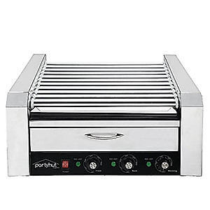 PartyHut 30 Hot Dog Roller Warmer Grill Cooker Machine, Commercial Grade, (with Bun Warmer Drawer, 11 Non-Stick Rollers, 30 Hot Dog Sausage Grill Cooker, and Removable Stainless Steel Drip Tray)