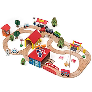 KipiPol Wooden Train Set - 69 Pieces Wooden Train Tracks & Trains for Kids, Toddler Boys and Girls 3,4,5 Years Old and Up– Premium Wood Construction Toys -Fits Thomas, Brio, IKEA, Melissa and Doug