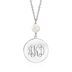Ross-Simons Monogram - Sterling Silver Disc Necklace With 8-9mm Cultured Pearl