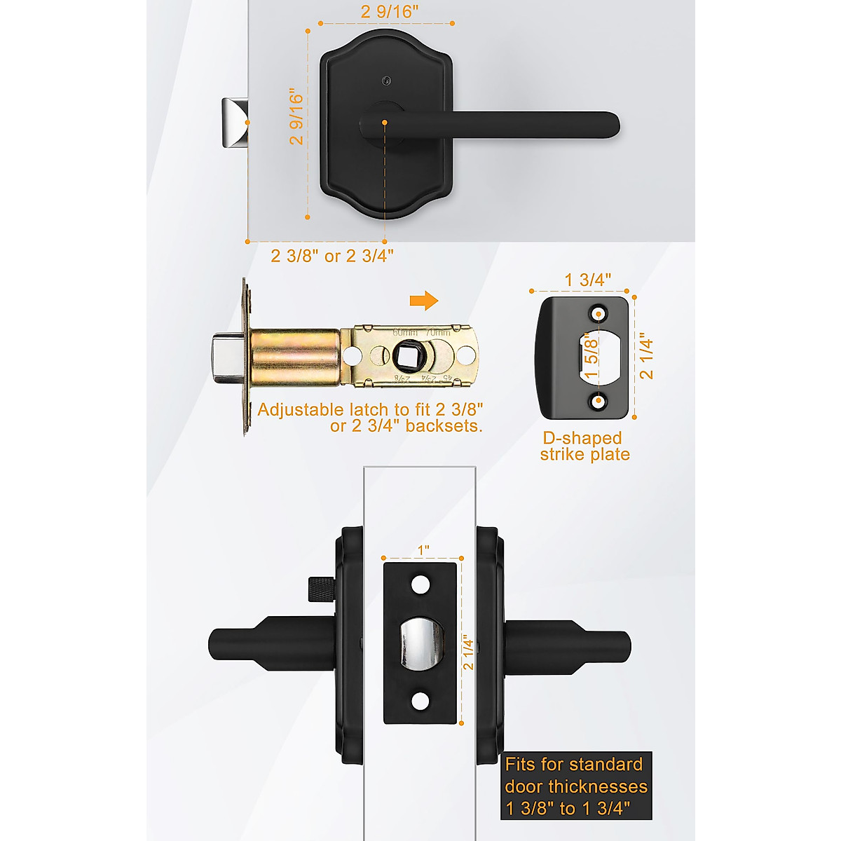 goldenwarm 16 Pack Black Interior Door Handles, Premium Zinc-Alloy Black Door Handle Interior, Contemporary Black Privacy Lever Door Handle for Bedroom, Bathroom