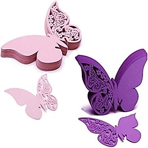 WarmShin 100 Pcs Butterfly Wine Glass Cards Name Place Cards Laser Cut Wine Cup Decoration Postcards Wedding Centerpieces Table Decoration (Pink&Purple)