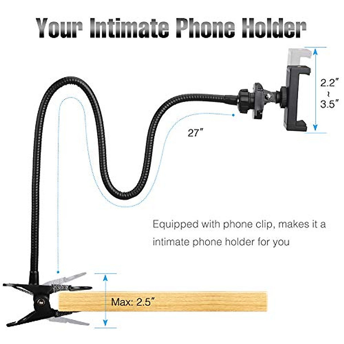 Webcam-Stand-Mount Phone Camera Desk-Clamp-Holder - 27 Inch Flexible Gooseneck Arm Mount Stand for Phone Gopro Hero Webcam C922 C930 C930e C920 Brio 4K C615 C922x C925e C920s C270 C310