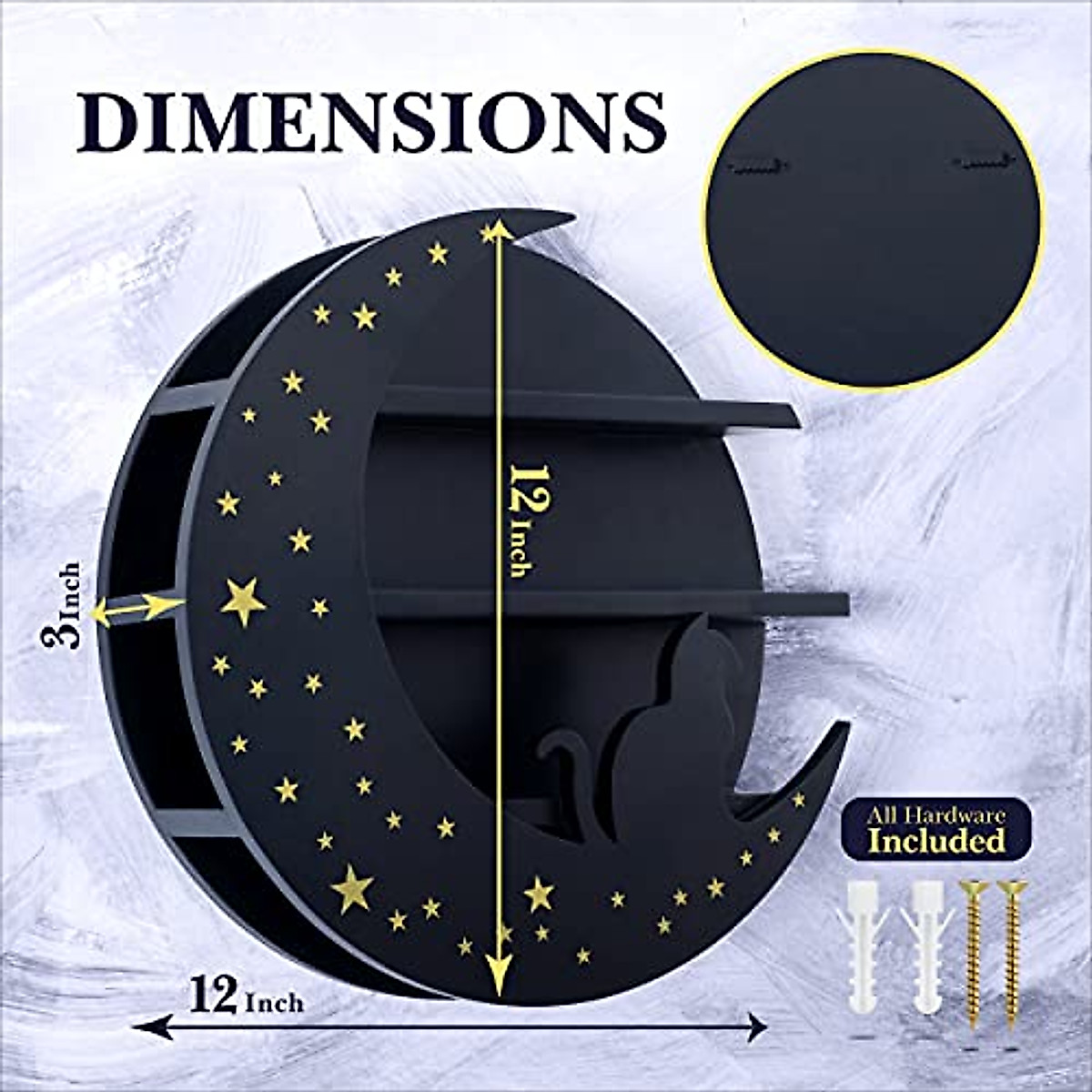 Black Crescent Moon Shelf for Crystals - Crystal Moon Shelves, Crystal Shelf Display for Stones, Moon Wall Shelf for Crystals and Stones, Moon Shelf Wall Decor, Moon Crystal Shelves, 12"x12"x3"