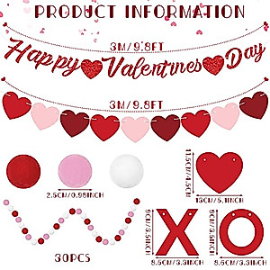 4 Pcs Valentine's Day Decorations Garland Banner with Happy Valentine's Day Banner Pom Pom Garland Ball Red Felt Heart Garland for Valentine's Day Decor Anniversary Wedding Party Supplies