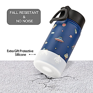 SEMOZOZO Water Bottle with Straw, Kids Water Bottle with Wide Rotating Handle Straw Lid, Wide Mouth Vacuum Insulated Stainless Steel Water Bottle for school ，The blue spaceship