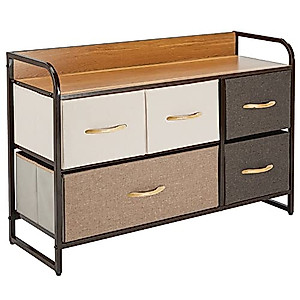 mDesign Wide Dresser Chest with 5 Removable Fabric Drawers - Furniture Storage Unit with Steel Frame and Wood Top for Bedroom, Office, Home Organization - Multi-Color/Espresso Brown