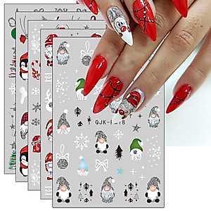 JMEOWIO 10 Sheets Glitter Christmas Nail Art Stickers Decals Self-Adhesive Pegatinas Uñas Cute Snowman Snowflake Line Xmas Winter Holiday Nail Supplies Nail Art Design Decoration Accessories
