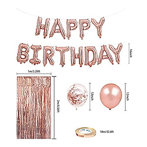 Rose Gold Birthday Party Decoration, 50PCS Rose Gold & Confetti Latex Balloons, Happy Birthday Balloons Banner with 2 Foil Fringe Curtains, Birthday Decorations for Women Girls